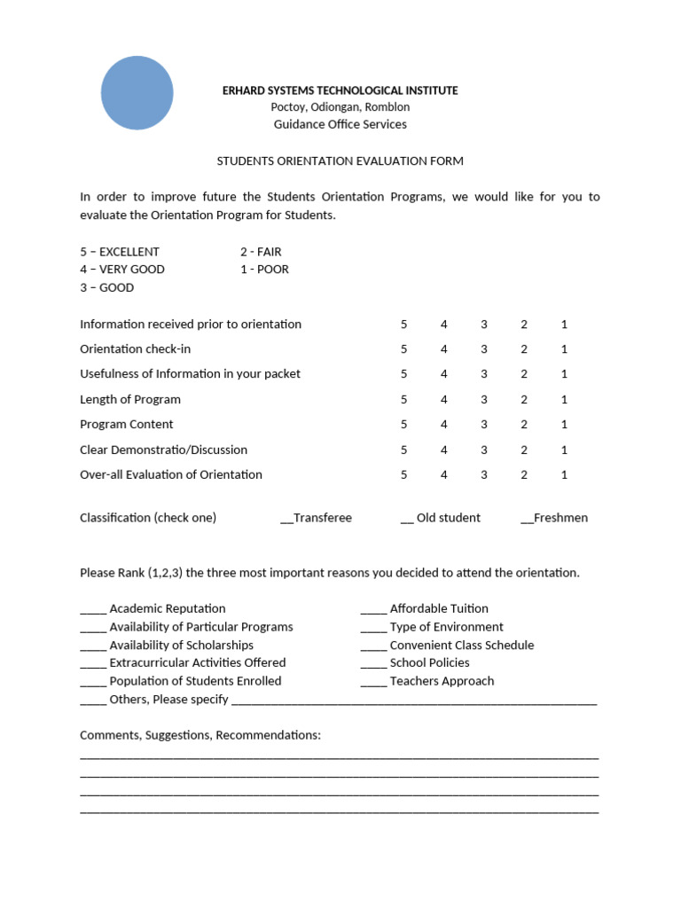 Student Orientation Evaluation Form | PDF