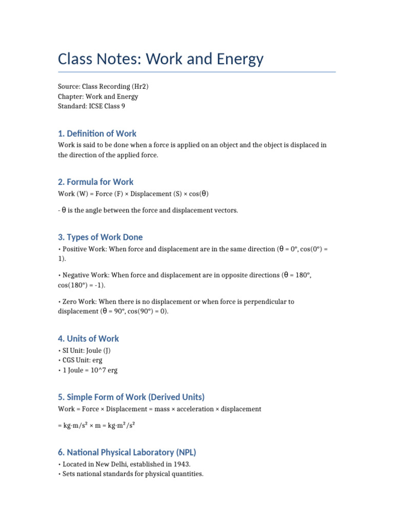 Work and Energy Notes Hr2 | PDF | Force | Power (Physics)