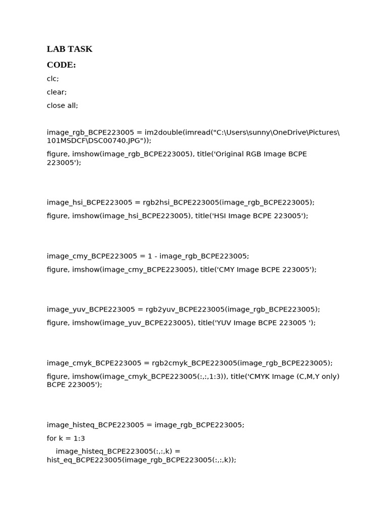 MATLAB Code For The Image Enhancement and Color Selection | PDF | Rgb ...