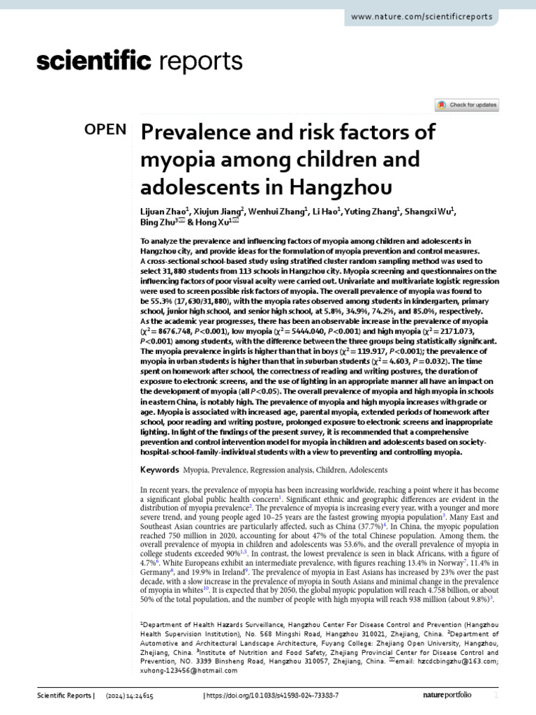 Prevalence and Risk Factors of Myopia Among Children and Adolescents in ...