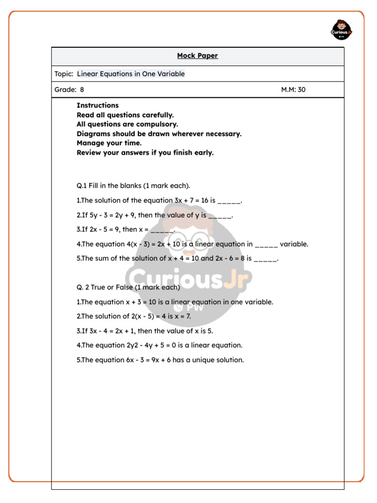 8th Grade Linear Equations Mock Test | PDF