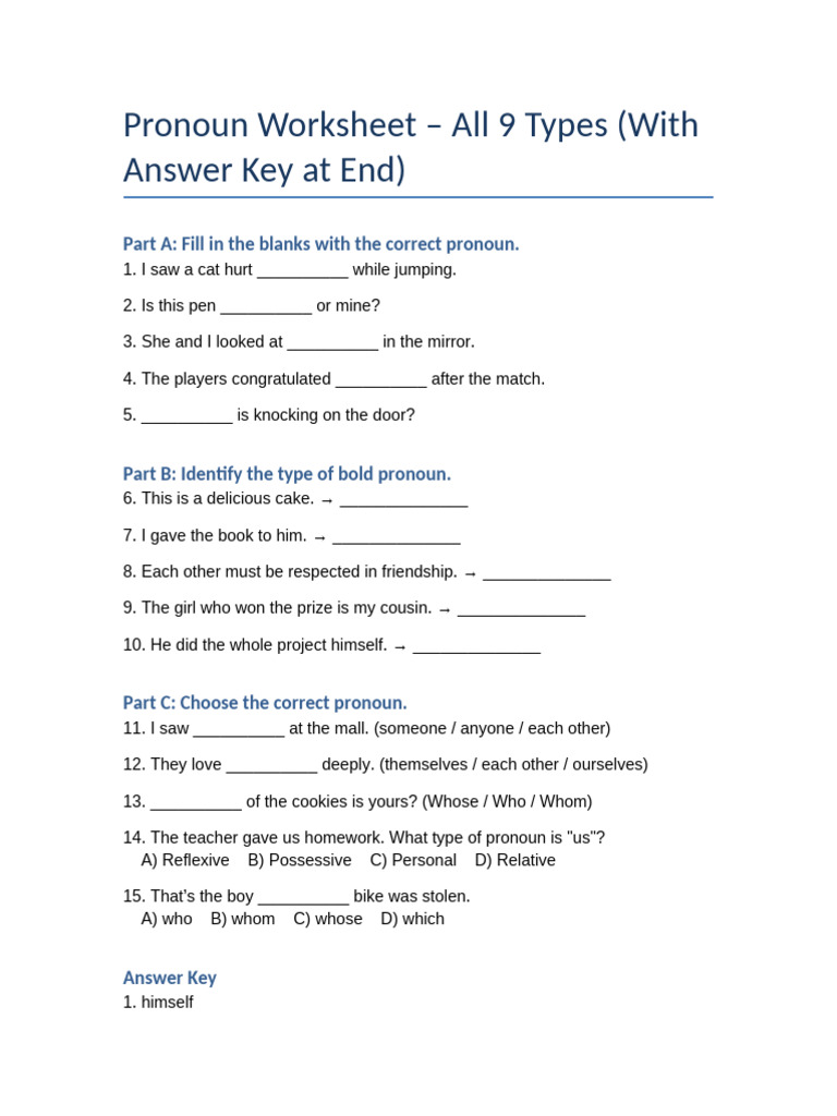 Pronoun Worksheet With Answers | PDF