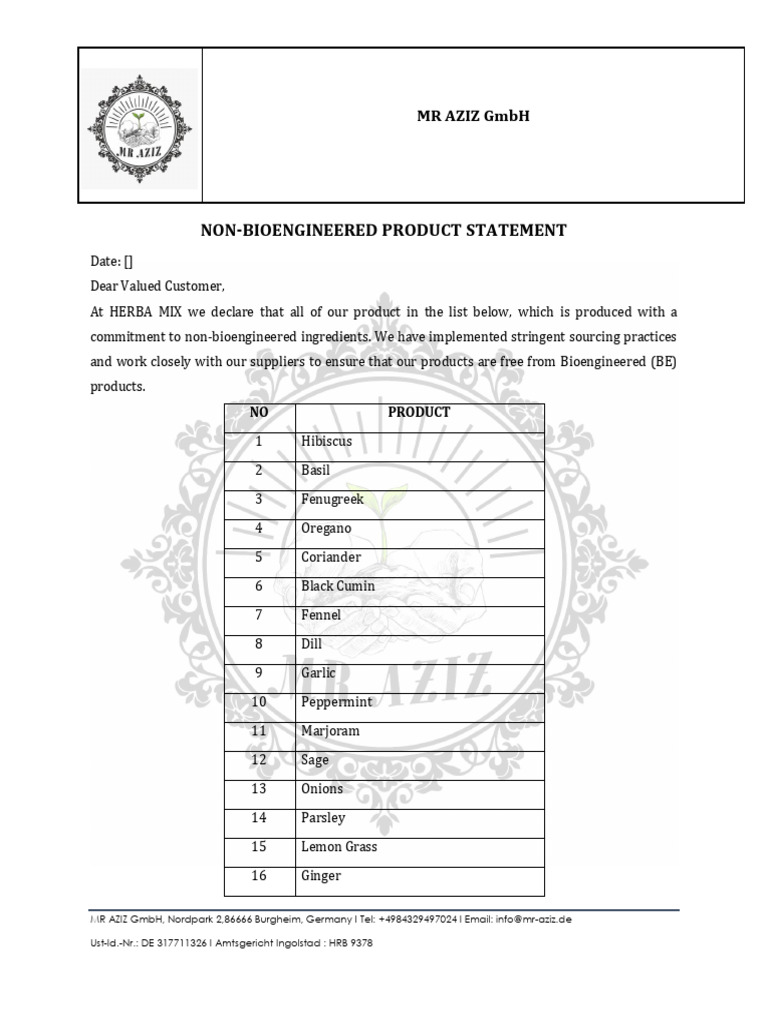 Non-Bioengineered Products Statement | PDF