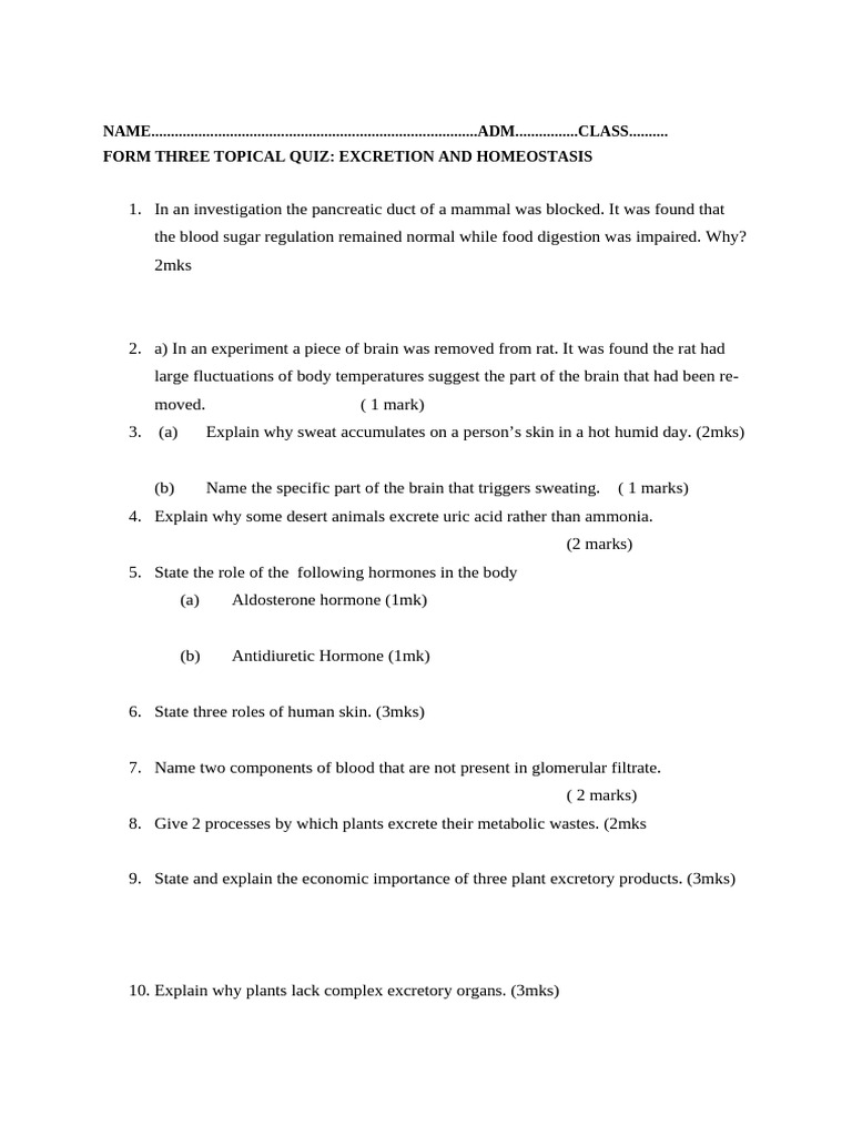 Excretion and Homeostasis Notes | PDF