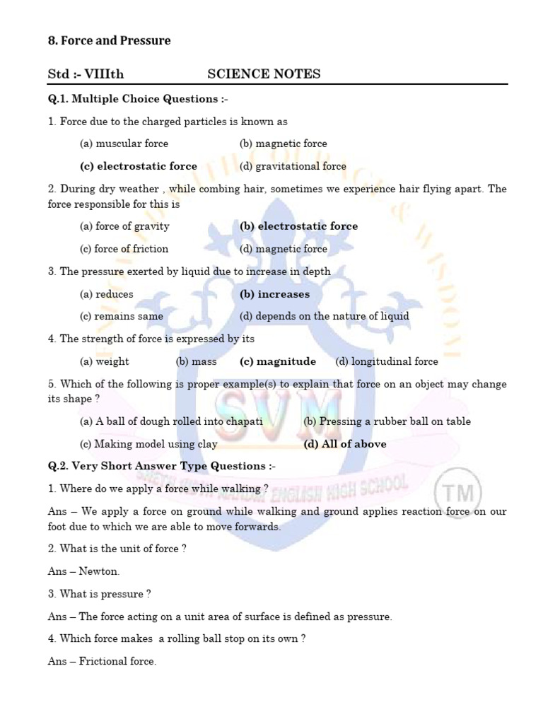 Force and Pressure - Notes | PDF | Force | Friction