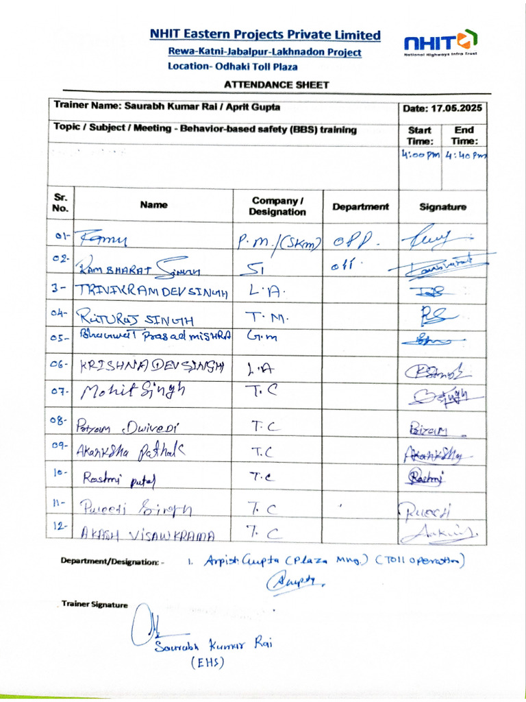 BBS Training Attendance Sheet | PDF