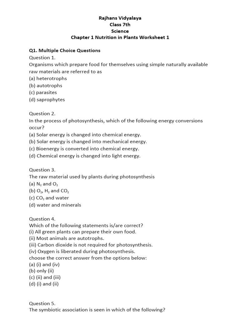 1 Nutrition in Plants Worksheet 1 | PDF | Plants | Leaf