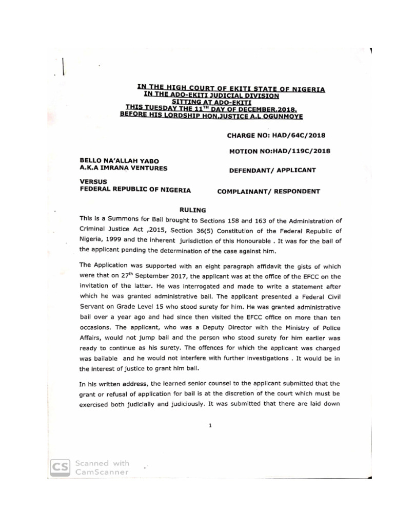 Bello Naallah Yabo Aka Imrana Ventures Versus Federal Republic of ...