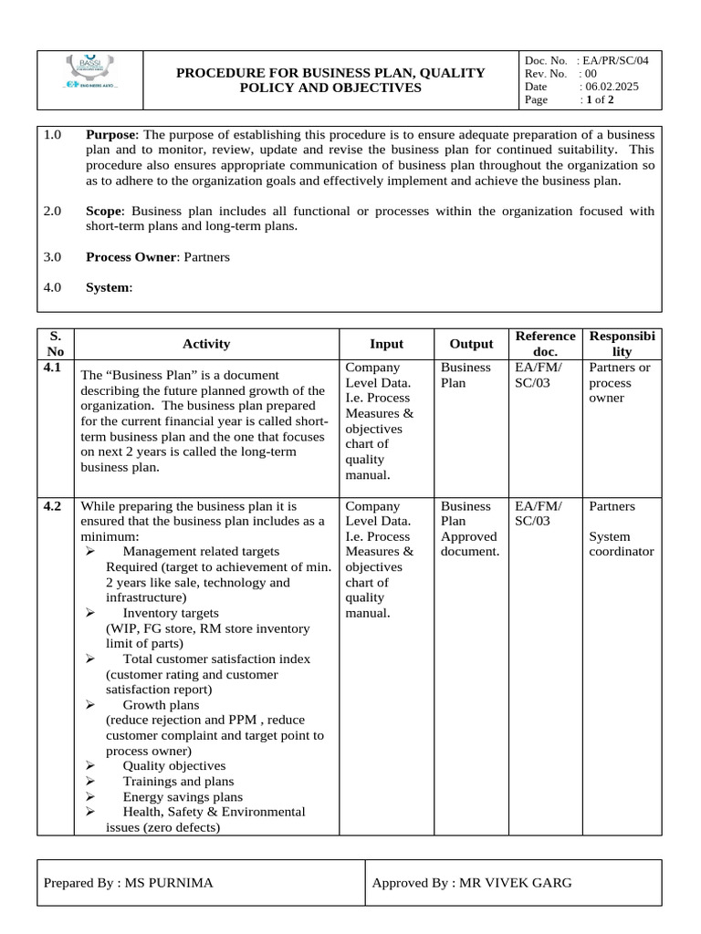 Business Plan Procedure and Quality Objectives | PDF | Economies | Business
