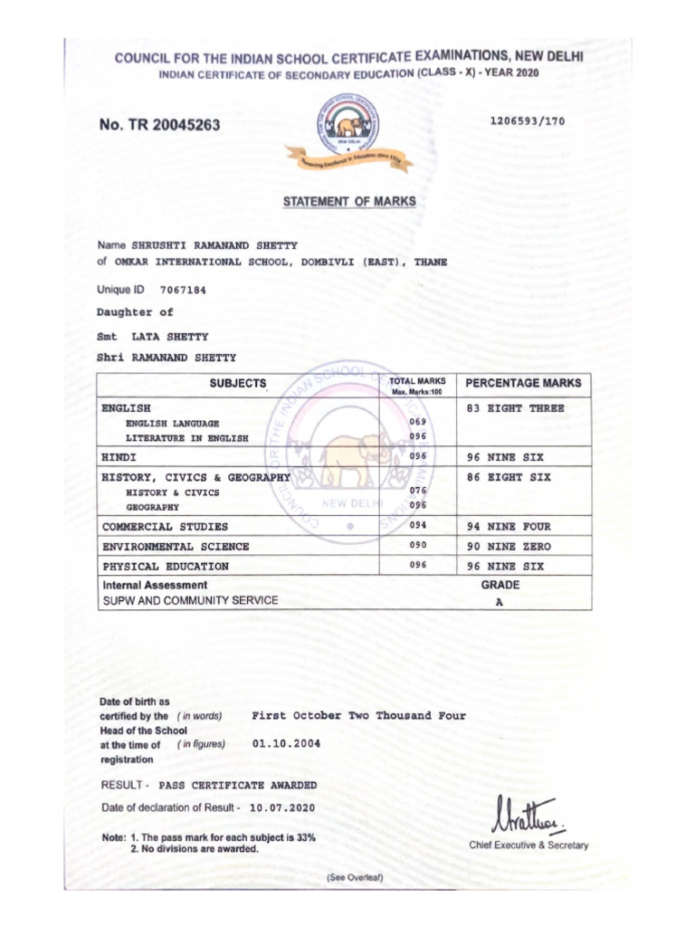 Icse Statement of Marks | PDF