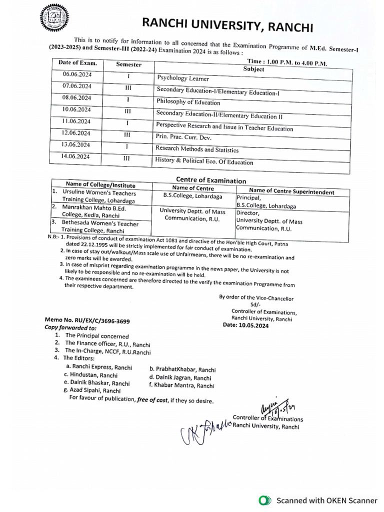 Examination Programme of M.ed. Semester - I (2023-25) and Semester ...