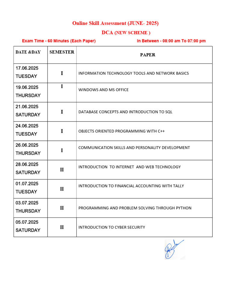 Time - Table DCA & PGDCA For New Scheme | PDF