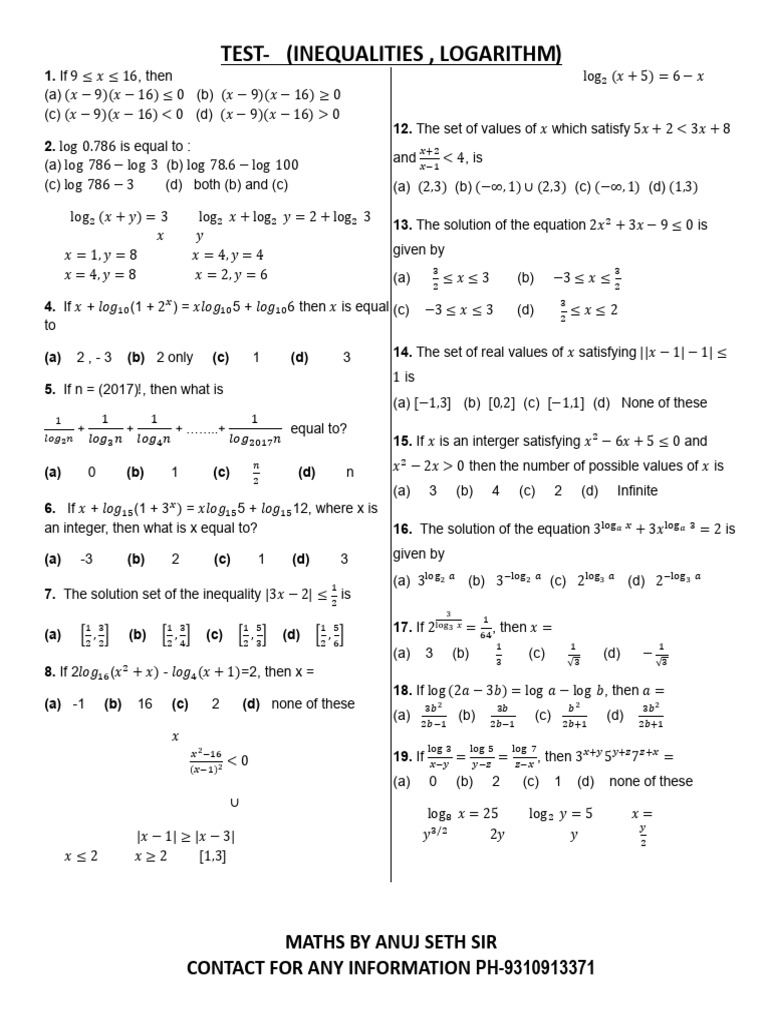 Inequalities and Logarithm Test Questions | PDF | Function (Mathematics ...