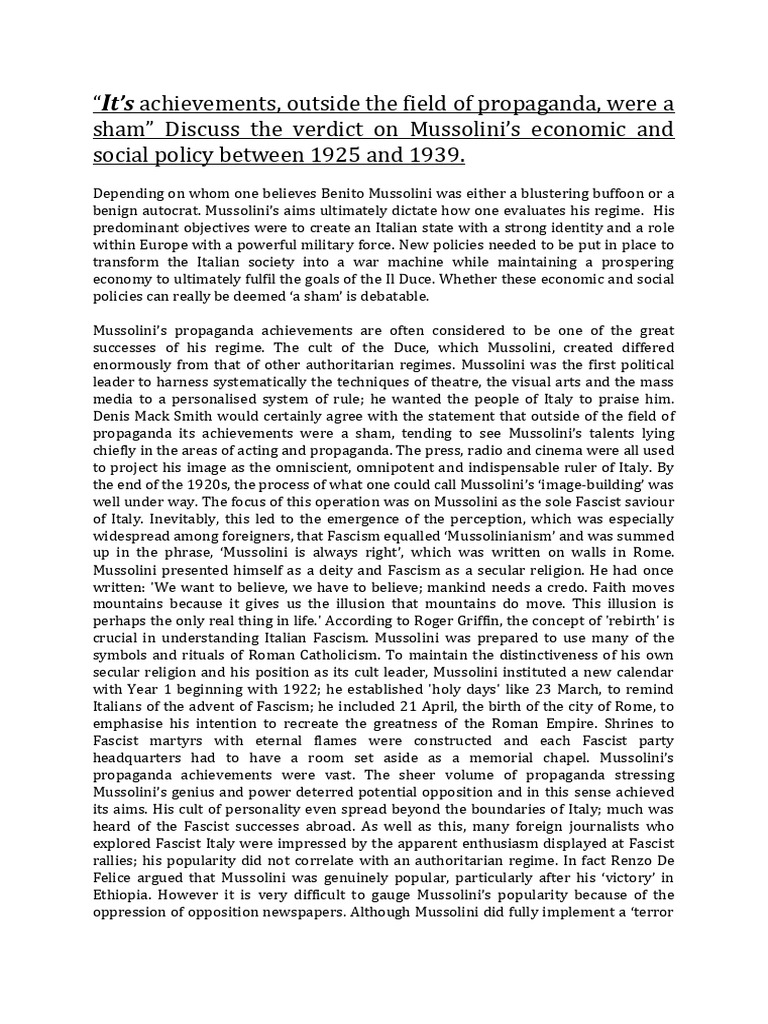 Mussolini's Economic and Social Policies | PDF | Fascism | Benito Mussolini
