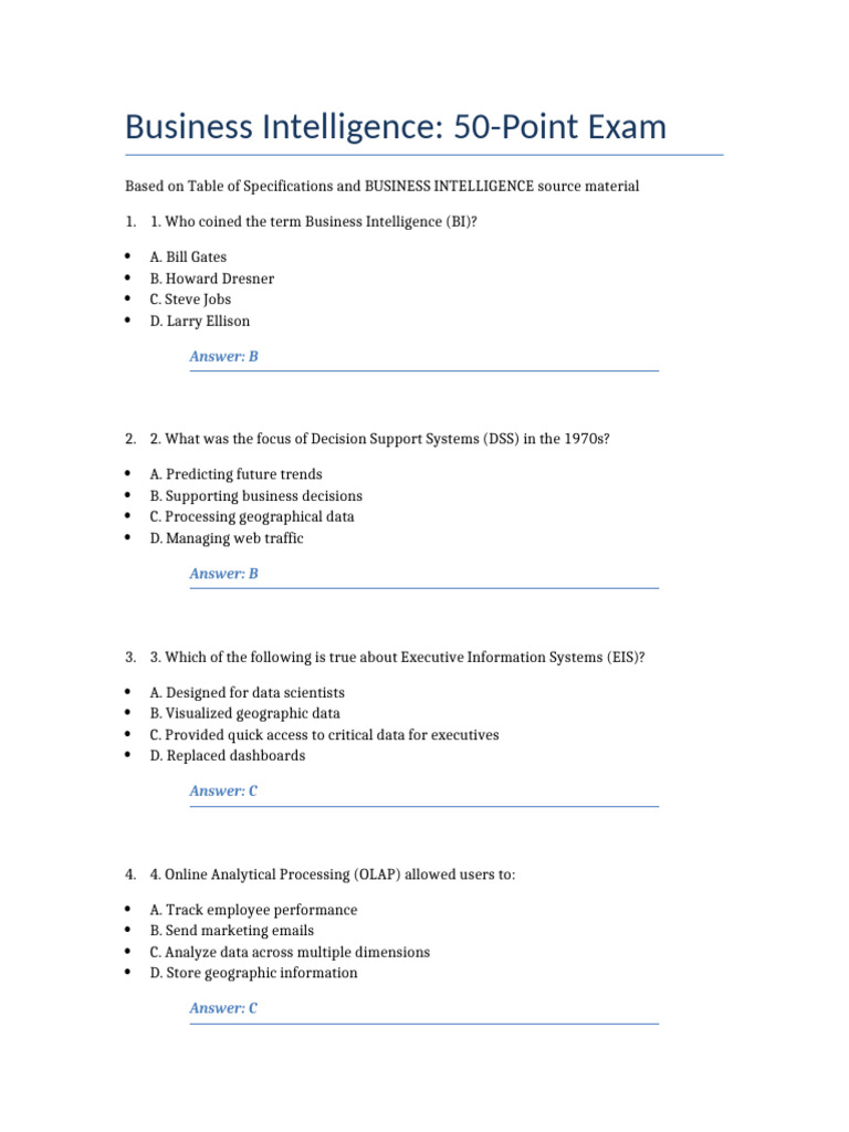 Business Intelligence Exam: 50 Questions | PDF | Analytics | Predictive ...