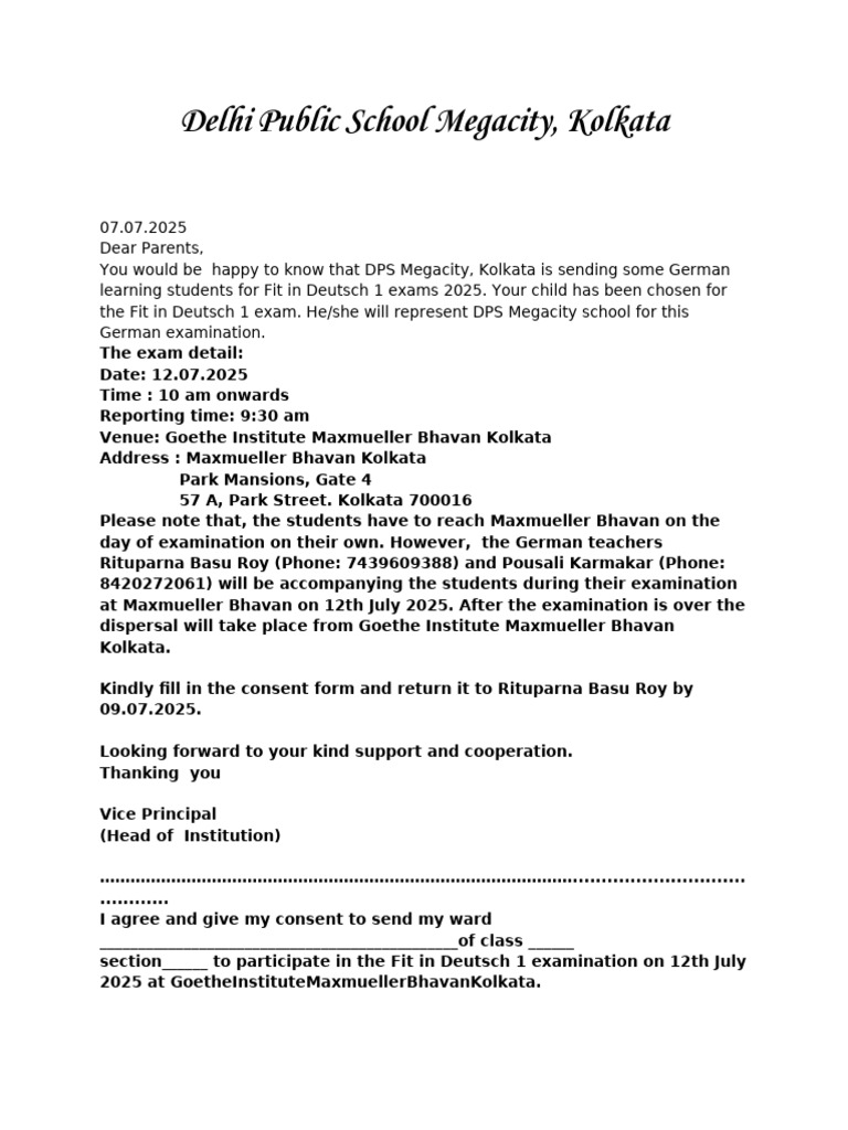 DPS Megacity: Fit in Deutsch 1 Exam Notice | PDF
