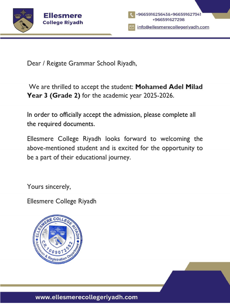Acceptance Letter - Mohamed Milad | PDF