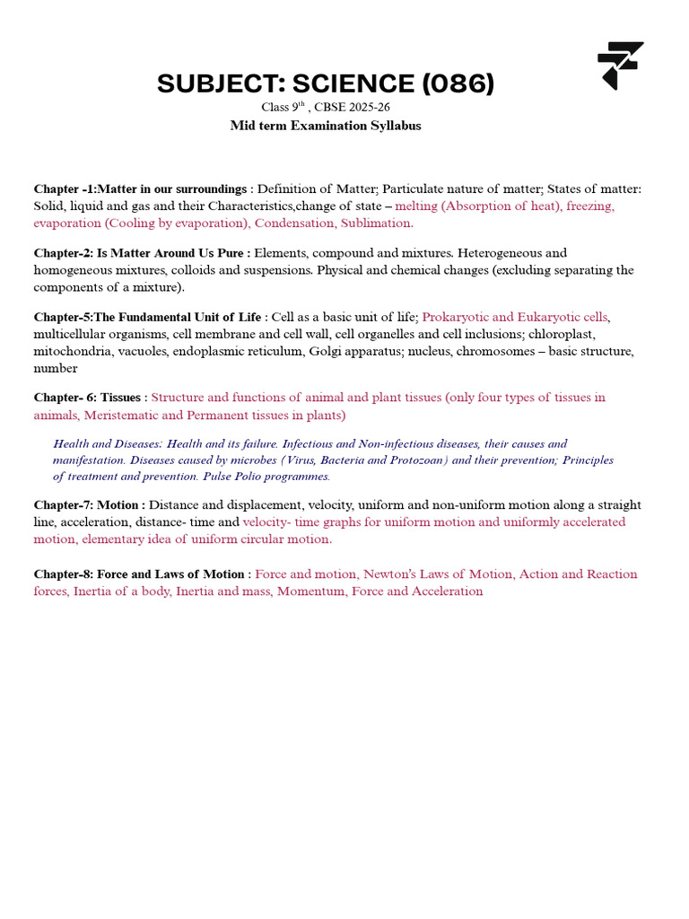 CBSE Class 9 Science Syllabus 2025-26 | PDF