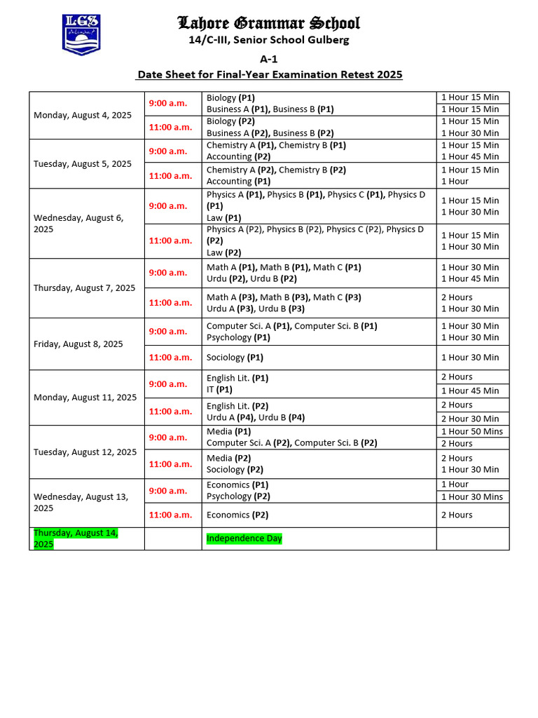 Date Sheet A1 Final Term 2025 Retest | PDF