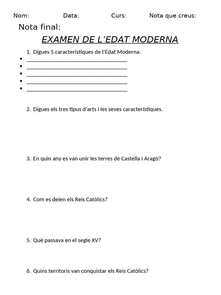 Examen de L'edat Moderna. | PDF
