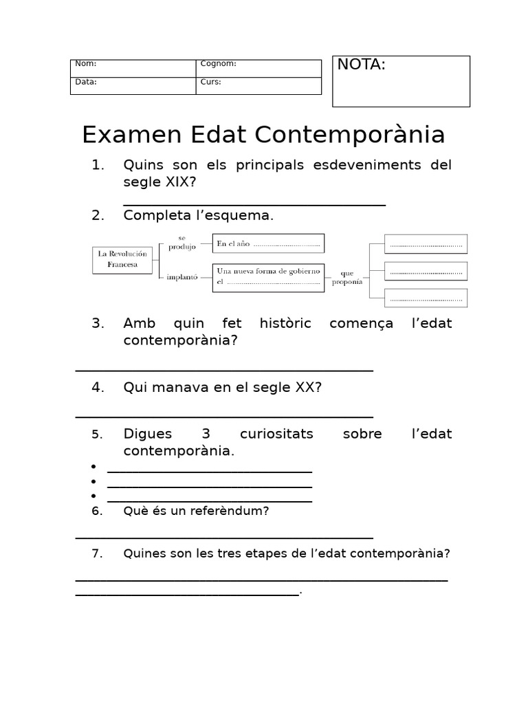 Examen de L'edat Contempo. | PDF