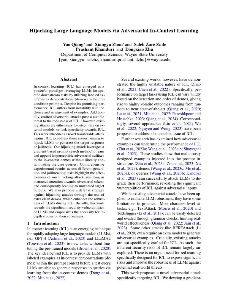 Qiang 等 - 2024 - Hijacking Large Language Models via Adversarial In-Context Learning | PDF ...