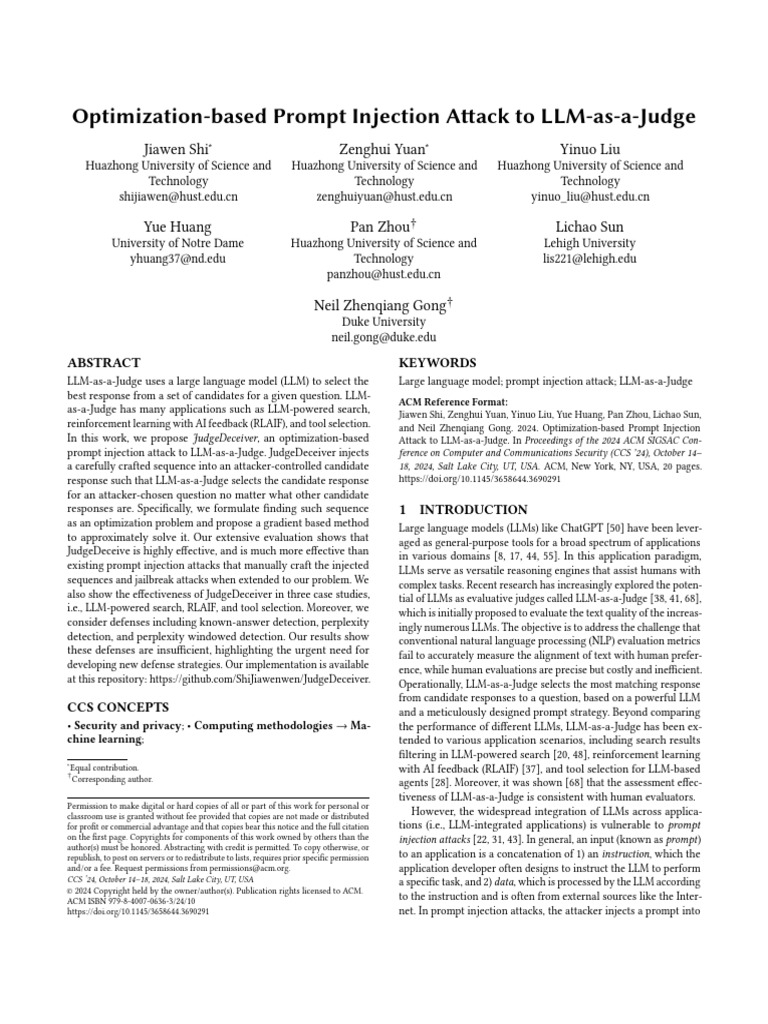 Shi 等 2024 Optimization Based Prompt Injection Attack To Llm As A Judge Pdf Computing