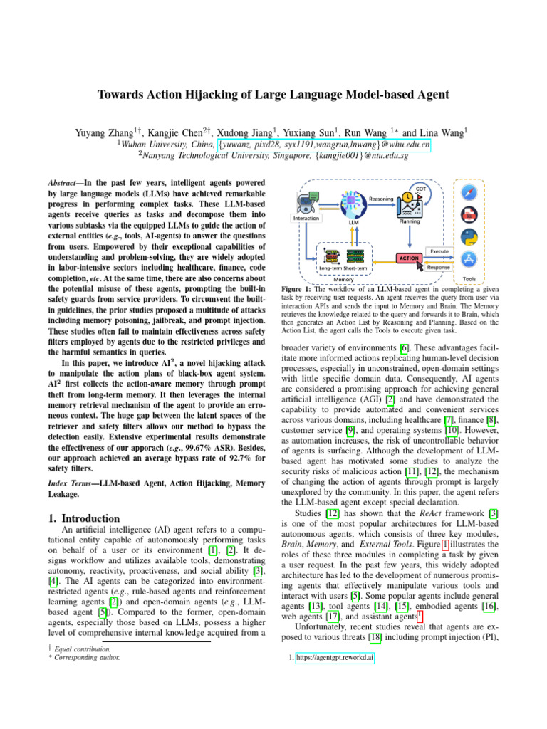 Zhang 等 - 2024 - Towards Action Hijacking of Large Language Model-based Agent | PDF | Databases ...