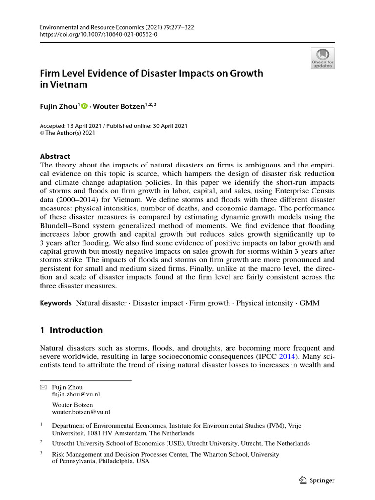 Firm Level Evidence of Disaster Impacts On Growth in Vietnam | PDF ...