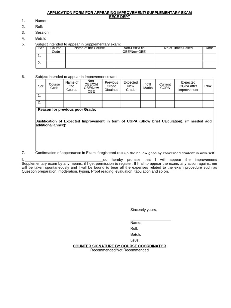Improvement Exam Application Form | PDF