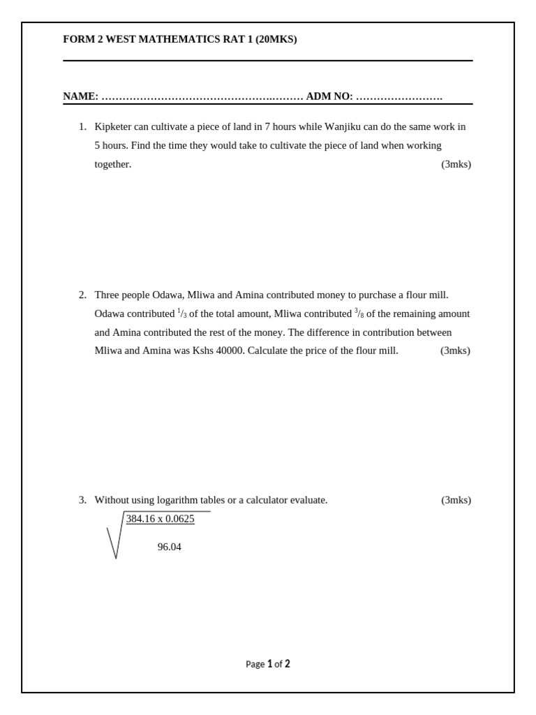 Form 2 West Mathematics Rat 1 | PDF