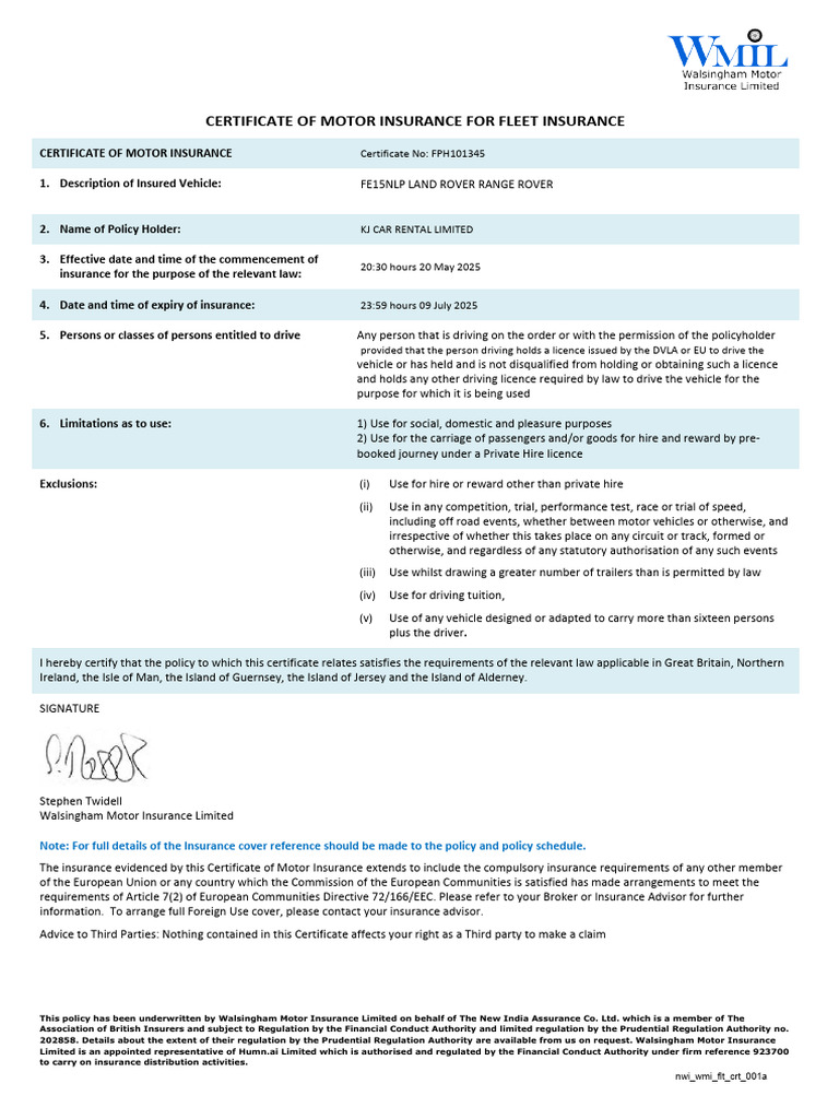 Certificate of Motor Insurance For Fleet Insurance: Fe15Nlp Land Rover ...