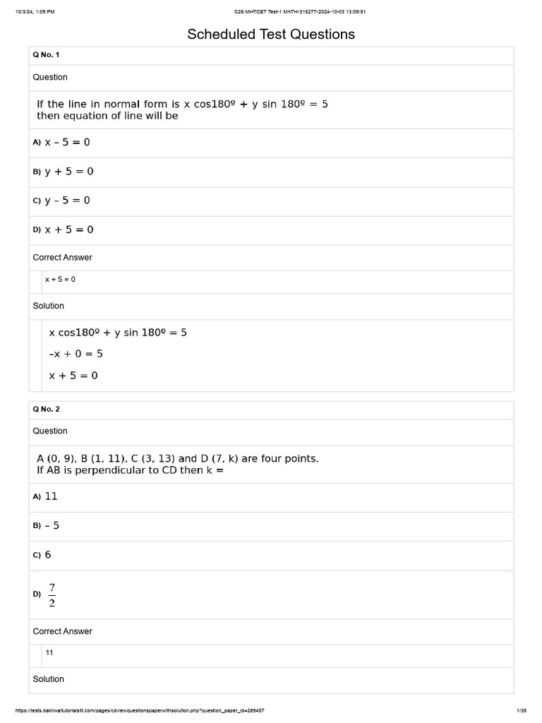 c26 Mhtcet Test-1 Math | PDF