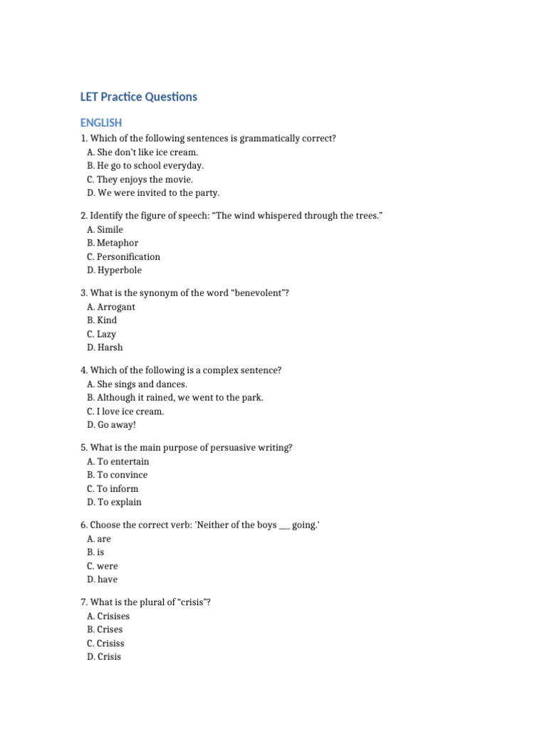 LET Practice Questions English | PDF