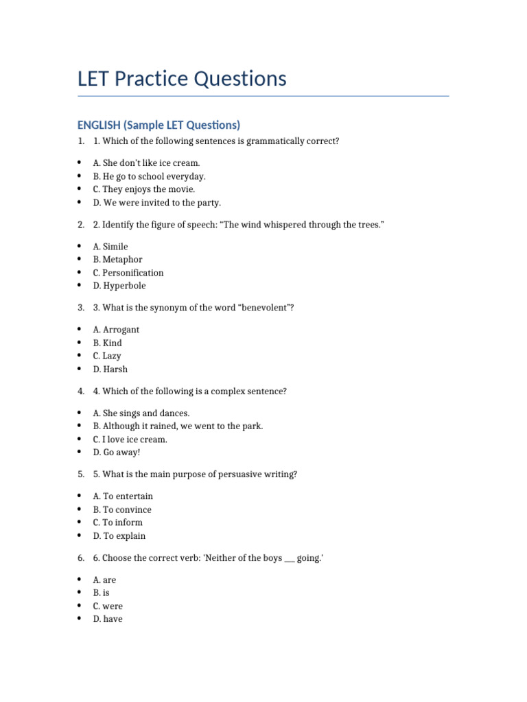 LET Practice Questions English | PDF