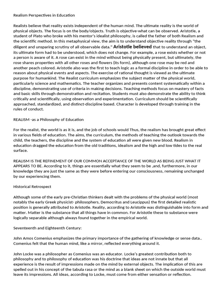 Realism in Education: A Philosophical Overview | PDF | Philosophical ...