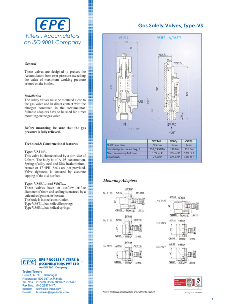 Gas Safety Valves Type-VS Specifications | PDF