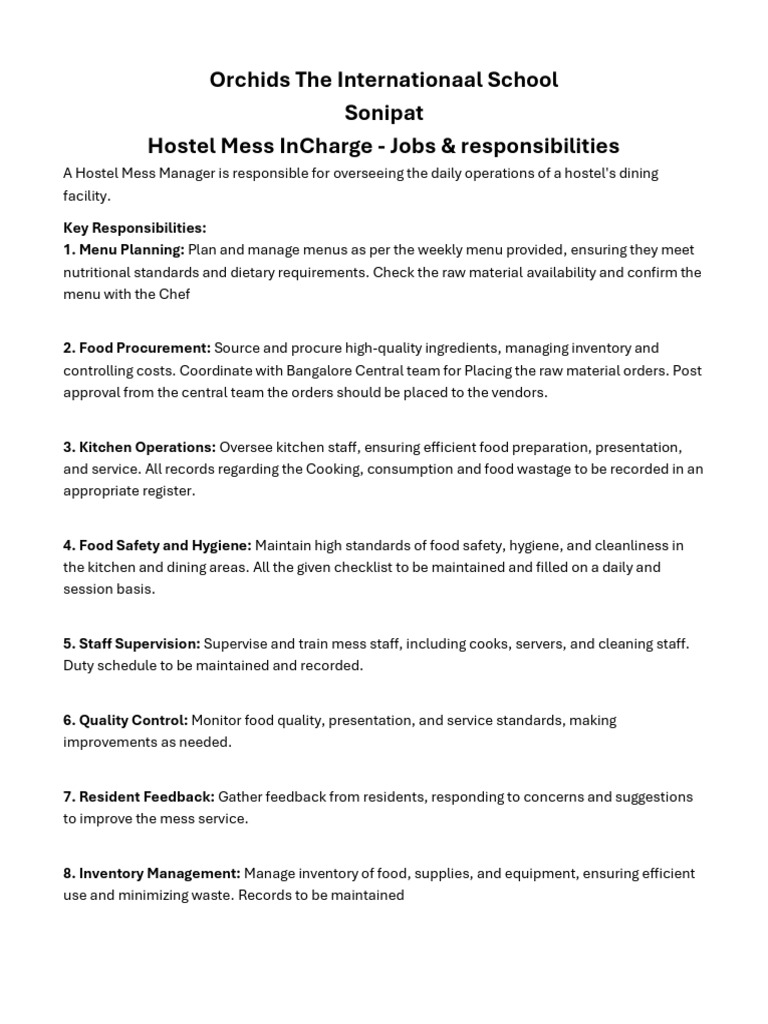 Mess InCharge JD | PDF