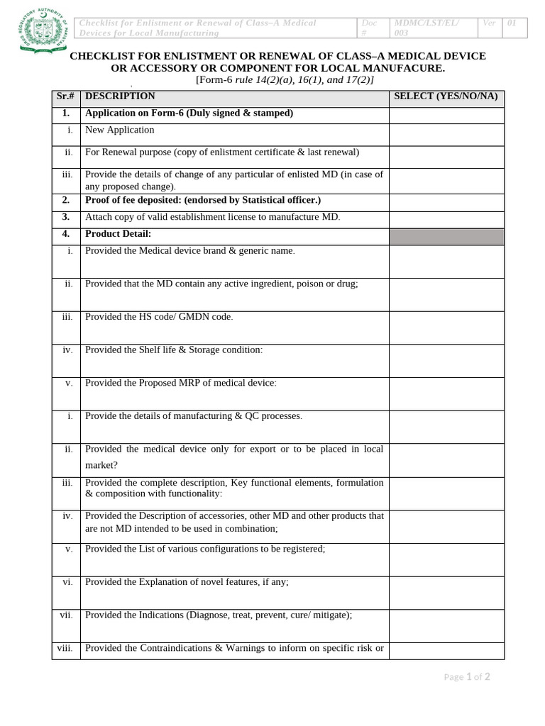 Checklist For Enlistment or Renewal of Class-A Medical Devices For Local Manufacturing. | PDF ...