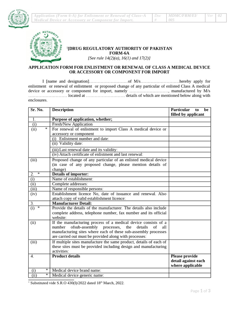 Application Form 6 A For Enlistment or Renewal of Class-A Medical Device or Accessory or ...