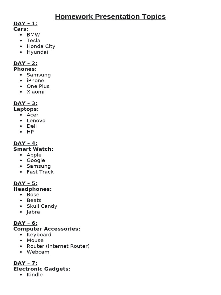 Homework Presentation Topics | PDF | Home Appliance | Smartphone