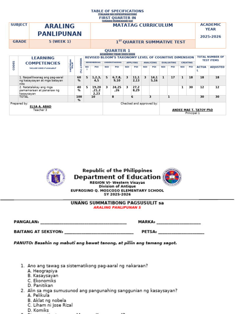 WEEK 1-ARAL PAN 5 (MATATAG) - 1st Summative Test 2025-2026 | PDF
