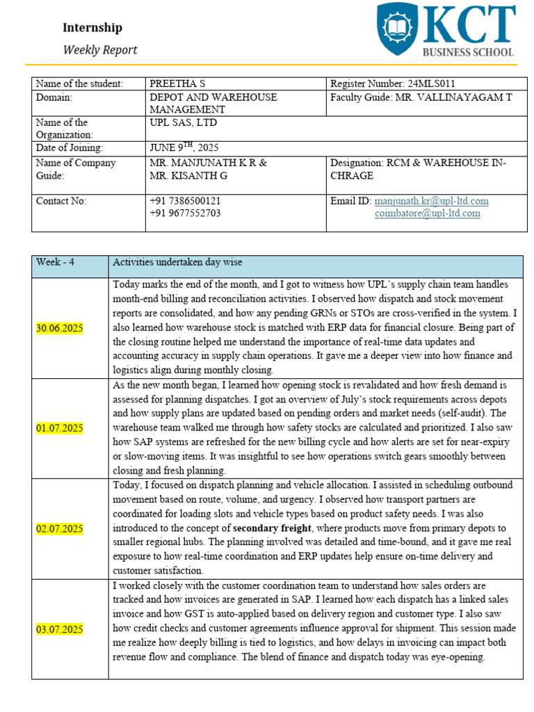 Weekly - Log - Sheet Preetha S Week 4 | PDF | Logistics | Business