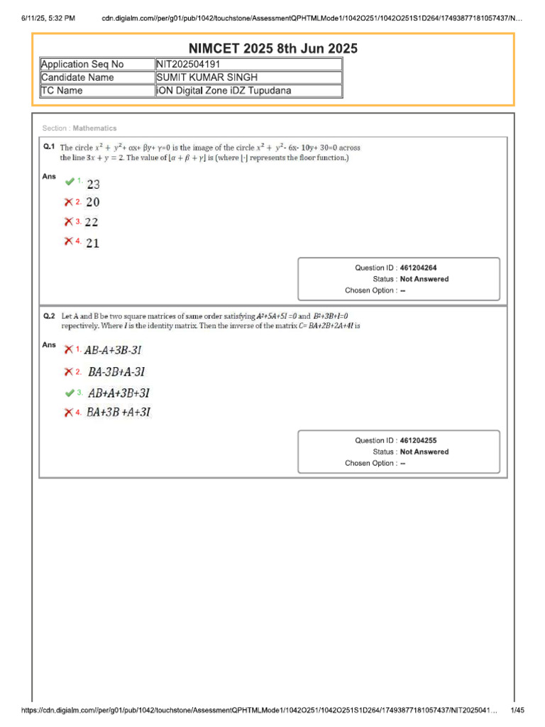 Nimcet (Question) | PDF