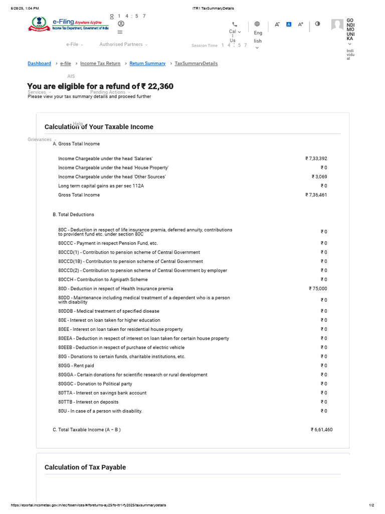 ITR1 Tax Summary and Refund Details | PDF | Taxes | Tax Refund