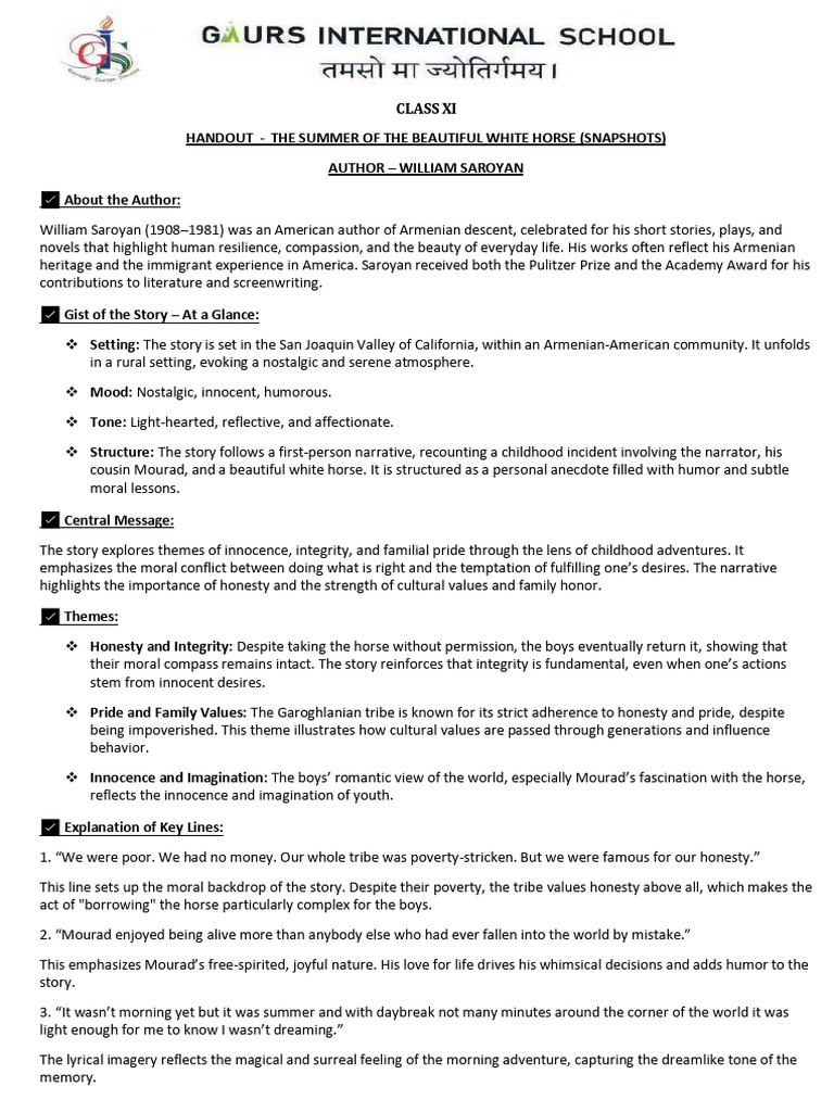 The Summer of The Beautiful White Horse Handout | PDF | Imagination ...