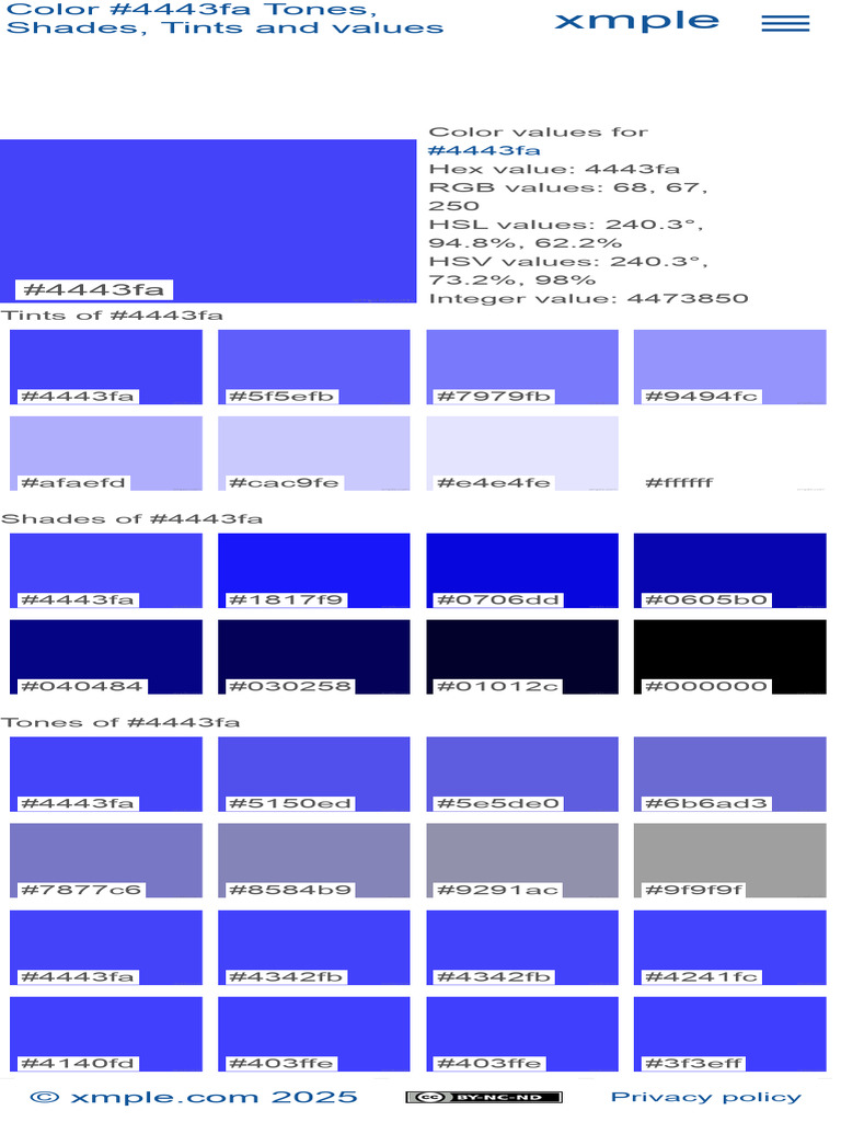 #4443fa Hex Color Tones, Shades, Tints and Values | PDF
