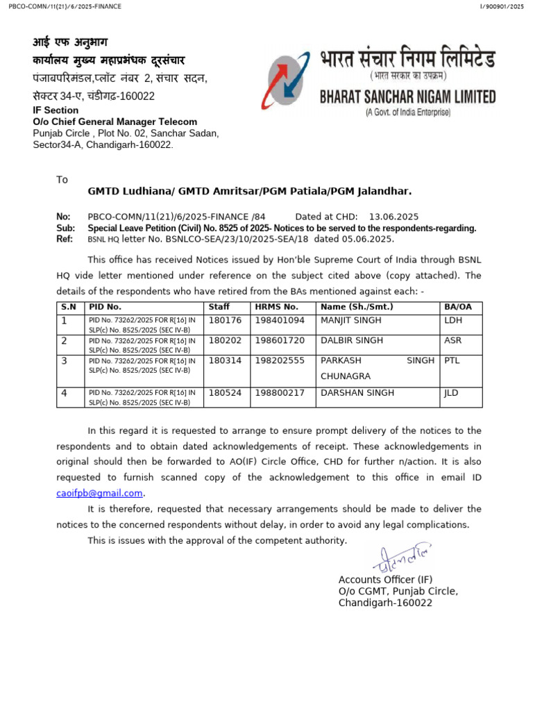 GMTD Ludhiana/ GMTD Amritsar/PGM Patiala/PGM Jalandhar.: IF Section O/o ...