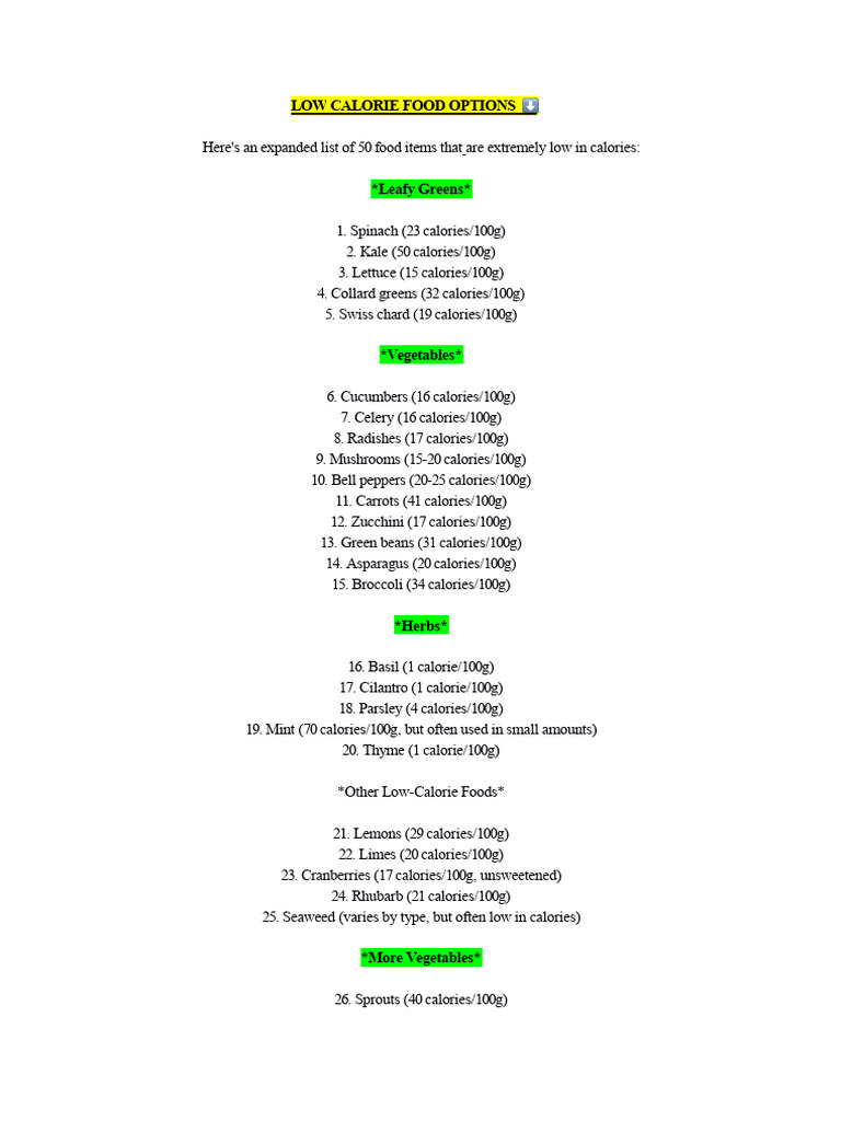 Low Calorie Food Options | PDF | Leaf Vegetable | Fruit