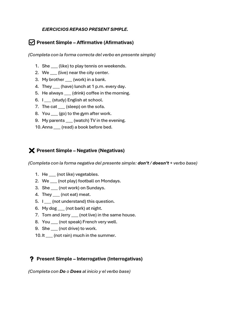 Ejercicios Repaso Present Simple | PDF | Chess Openings | Chess